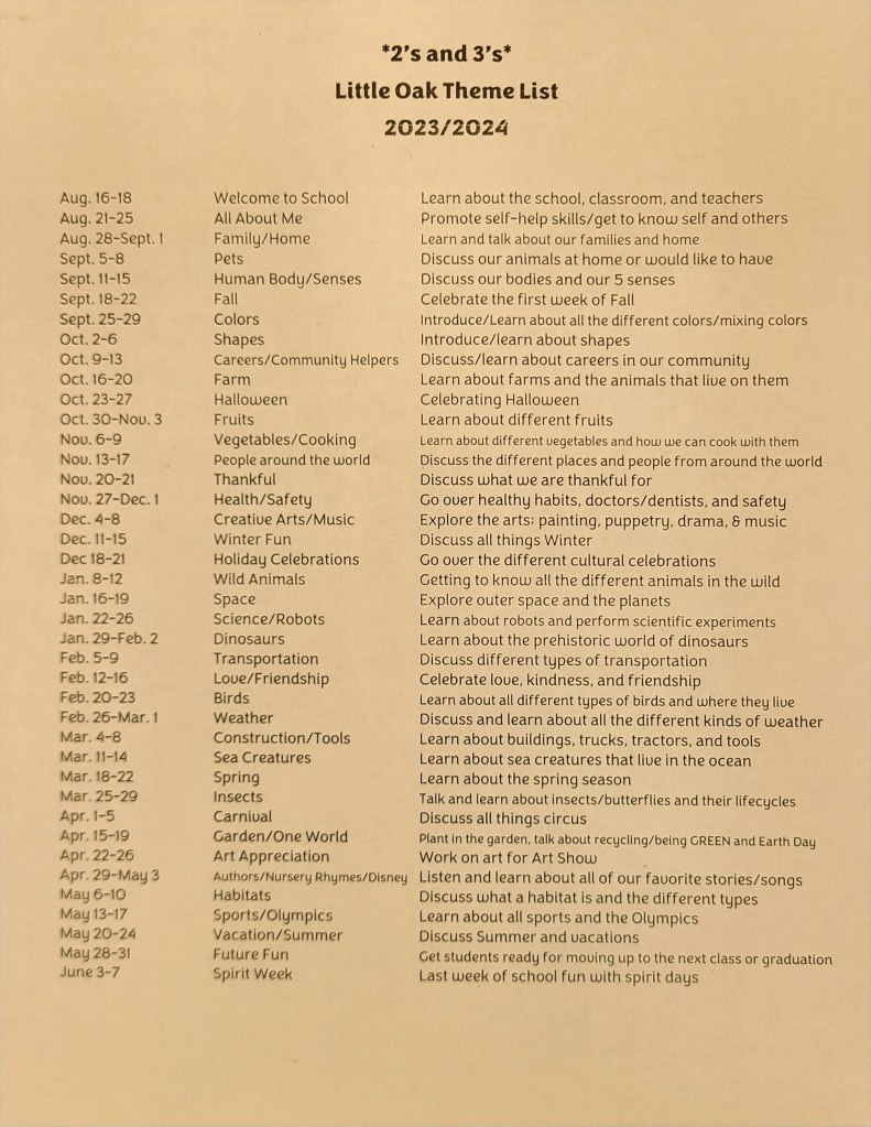 2s and 3s Theme List – Little Oak Preschool