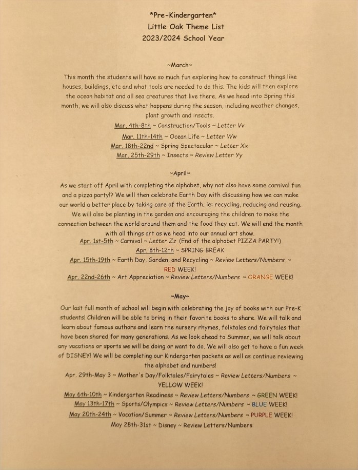 Pre-K Theme List – Little Oak Preschool