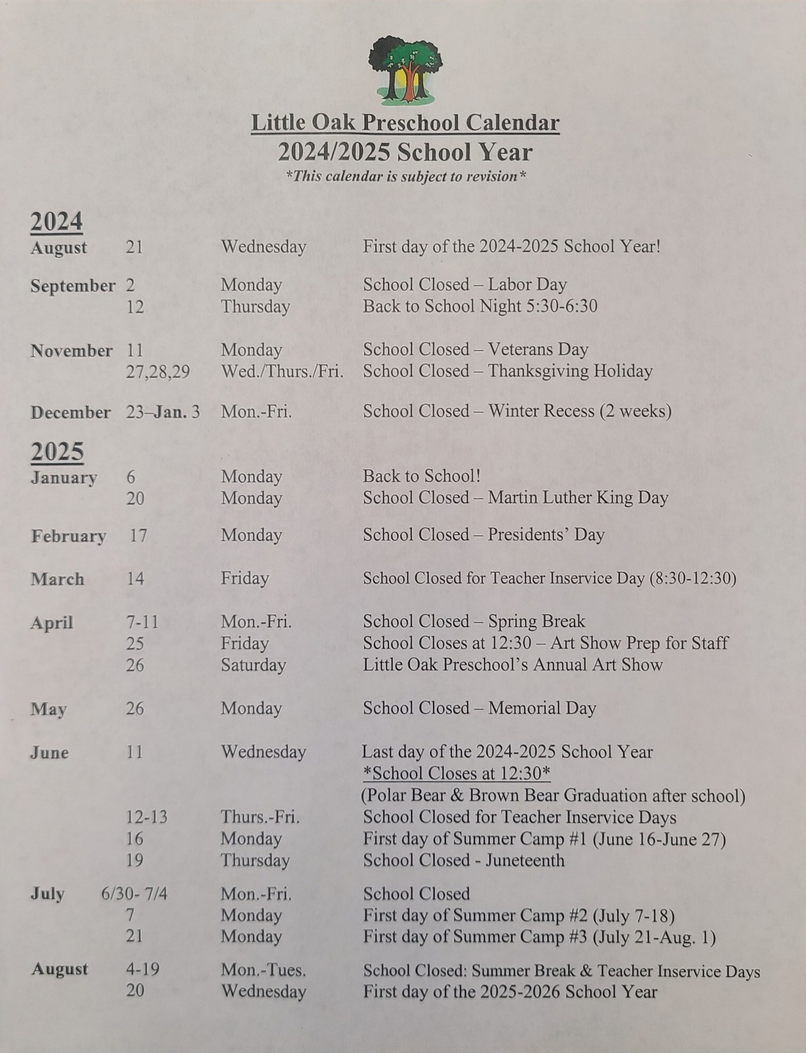 Calendar – Little Oak Preschool